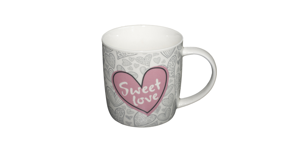 Cană ceramică albă cu inimioare gri și roz ‘sweet love’